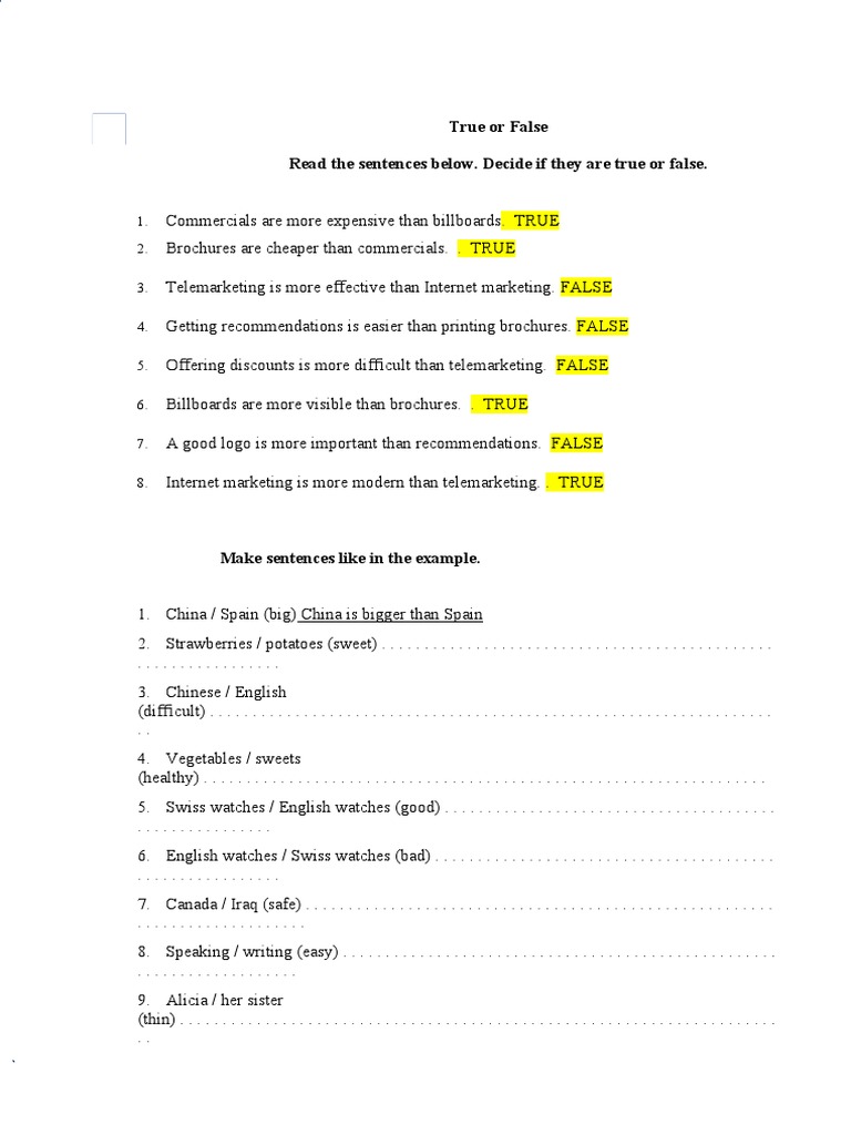 True or False marketing comparison sentences | PDF