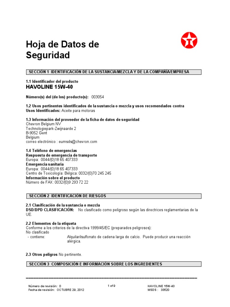 Hoja de Seguridadaceite 15w40 | PDF | Materiales | Naturaleza
