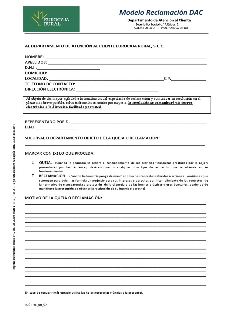 1 Impreso de Reclamacion Dac | PDF | Servicio al Cliente | Privacidad ...