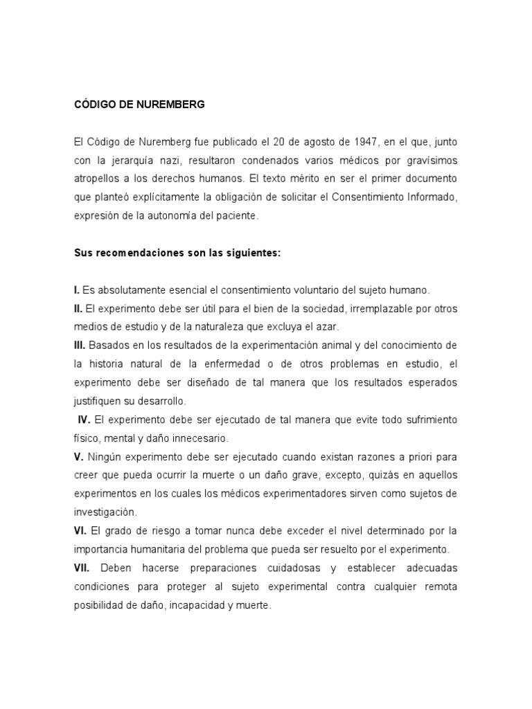 Código de Nuremberg: Ética en Investigación Médica | PDF