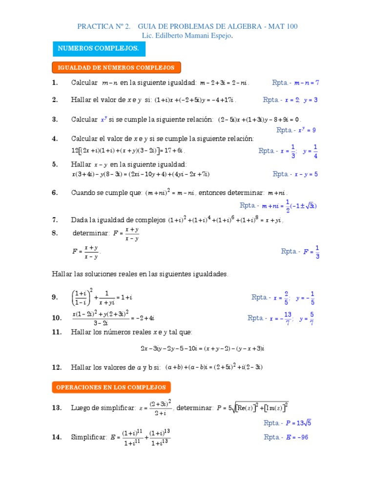 Guia Numeros Complejos, MAT100 | PDF | Ecuaciones | Número complejo