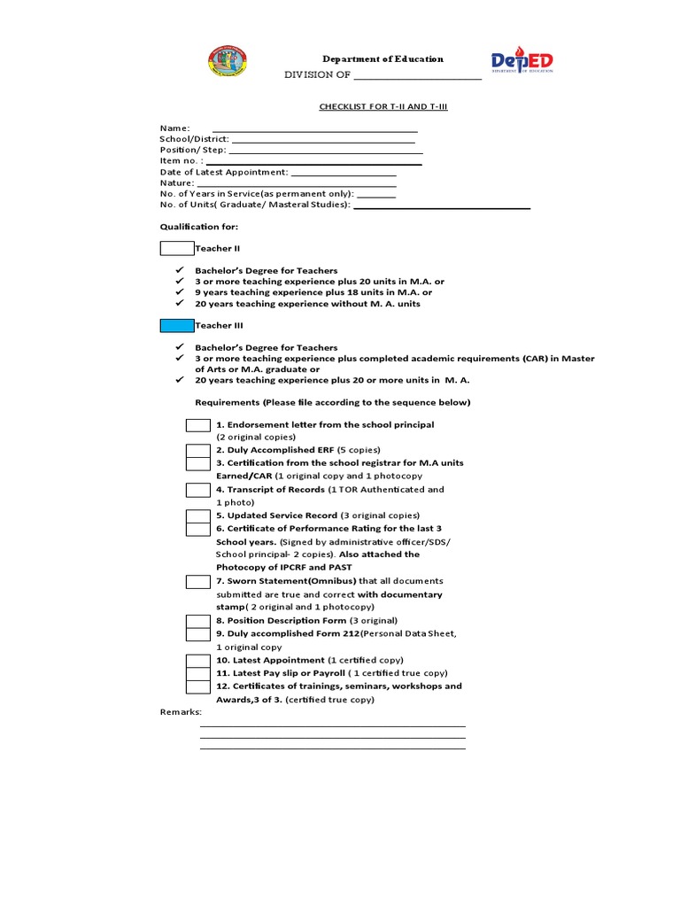 DepED Checklist For T2 and T3 | PDF | Master's Degree