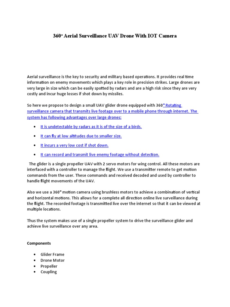 360 Aerial Surveillance UAV Drone With IOT Camera: Components | PDF