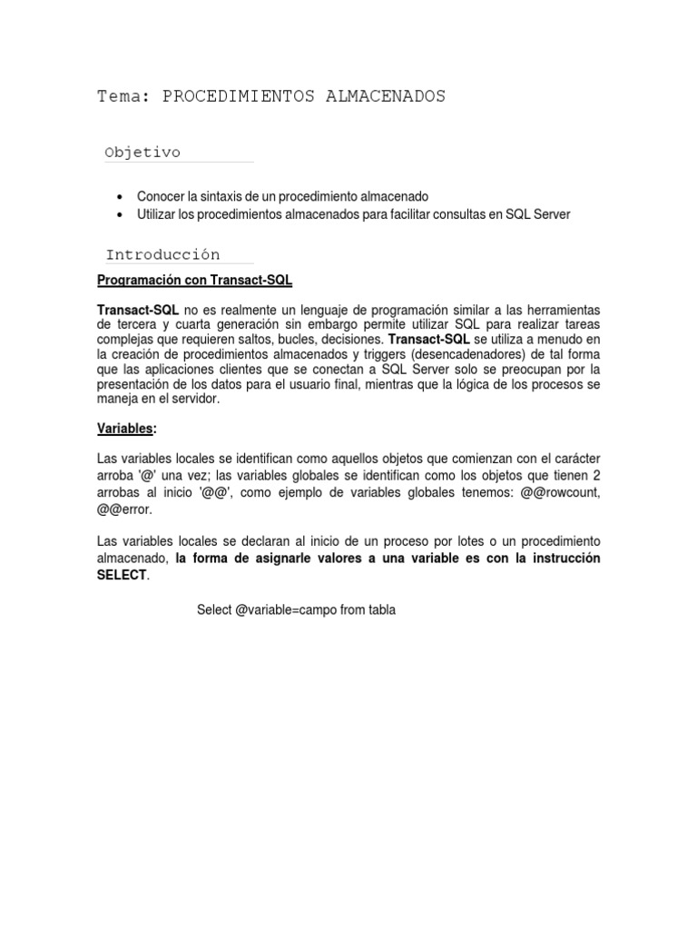 Guia 1 - Procedimientos-Almacenados | PDF | SQL | Servidor SQL de Microsoft