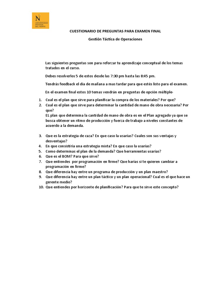 Cuestionario de Preguntas para Examen Final | PDF