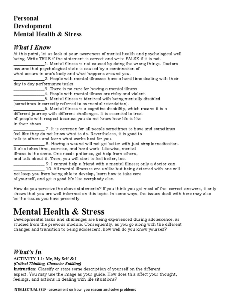 Personal Development Mental Health and Stress | PDF | Mental Disorder ...