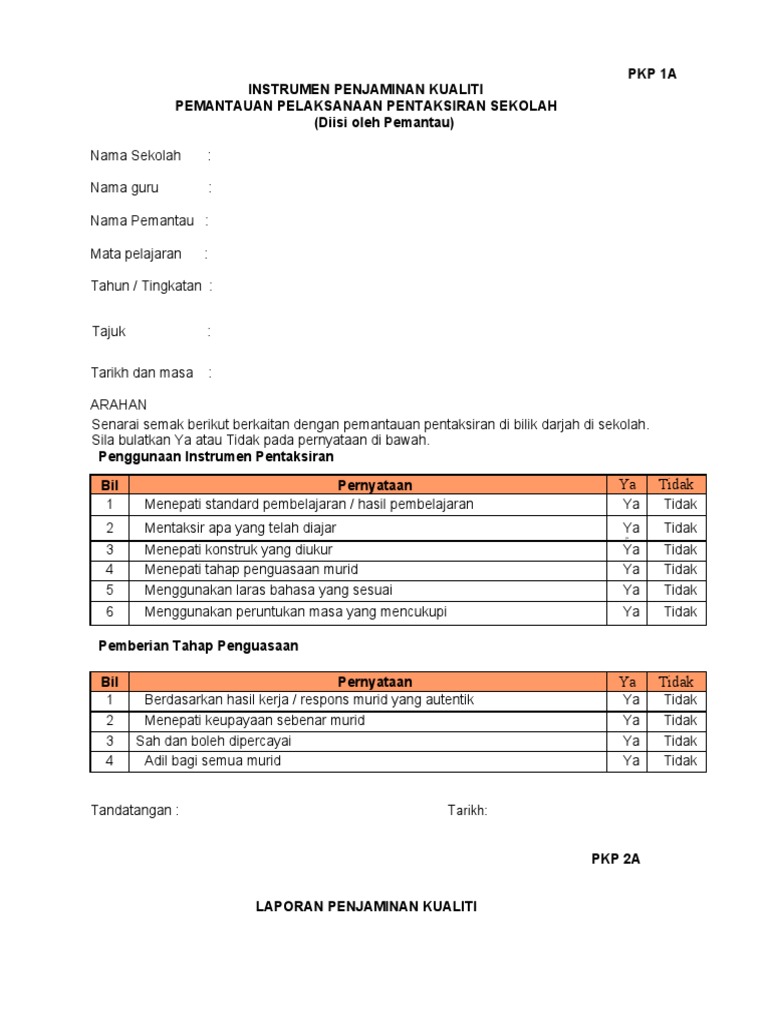 BORANG PENJAMINAN KUALITI PEMANTAUAN-PKP 1A Dan 2A | PDF