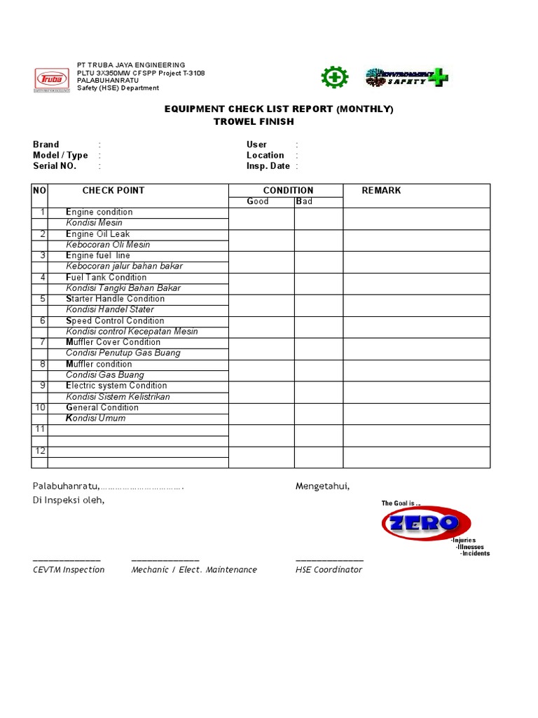 Monthly Equipment Checklist | PDF | Engines | Mechanical Engineering