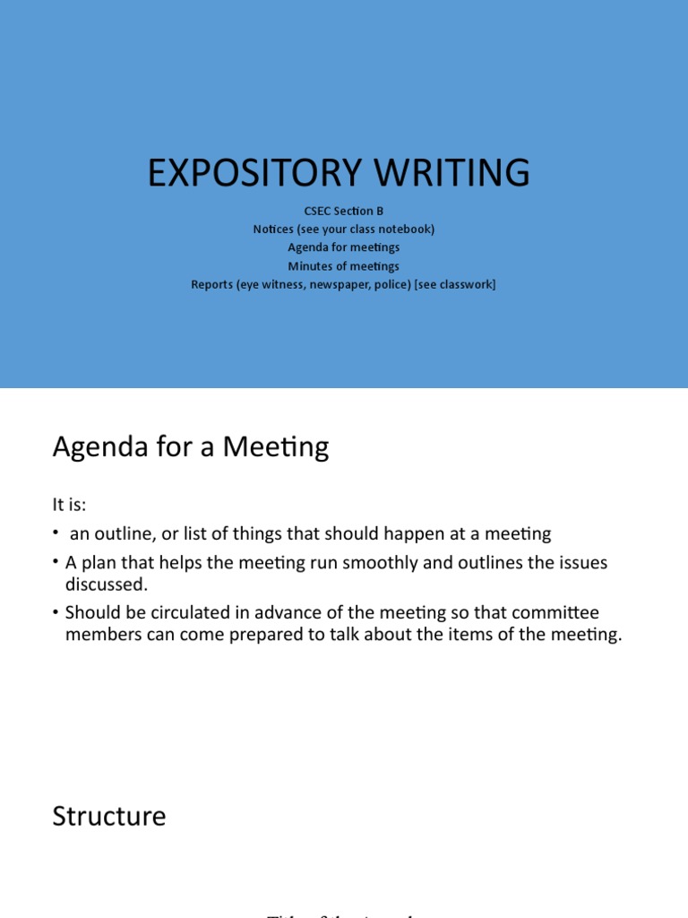 EXPOSITORY WRITING Section B Sample Agendas Minutes Notices Reports1 ...