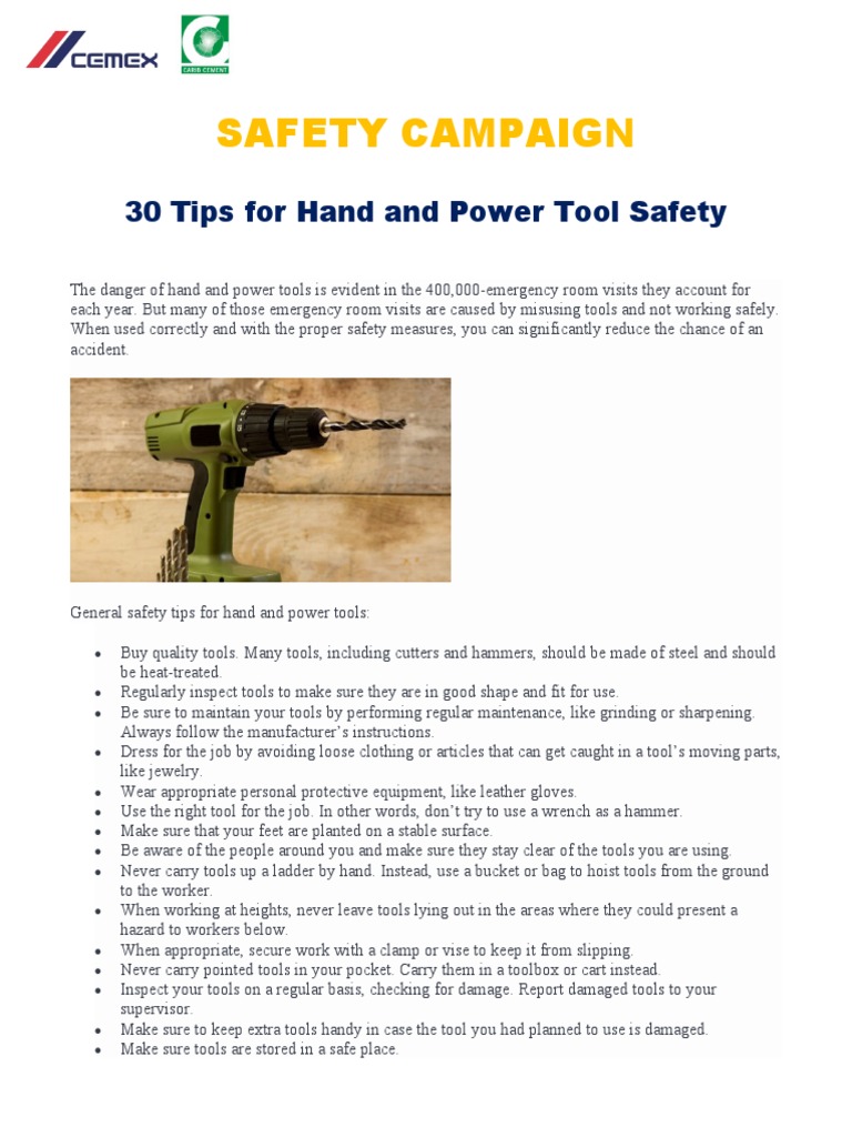 SAFETY CAMPAIGN-30 Tips For Hand and Power Tool Safety | PDF | Tools ...
