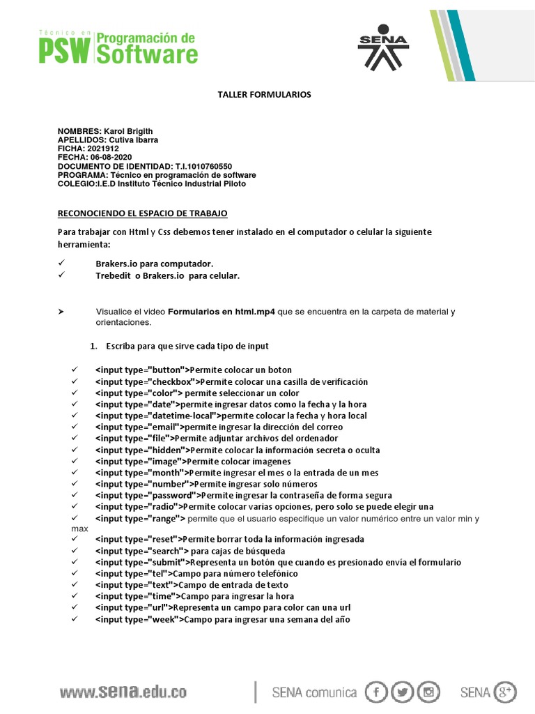 Taller de Formularios HTML y CSS | PDF | HTML | Internet