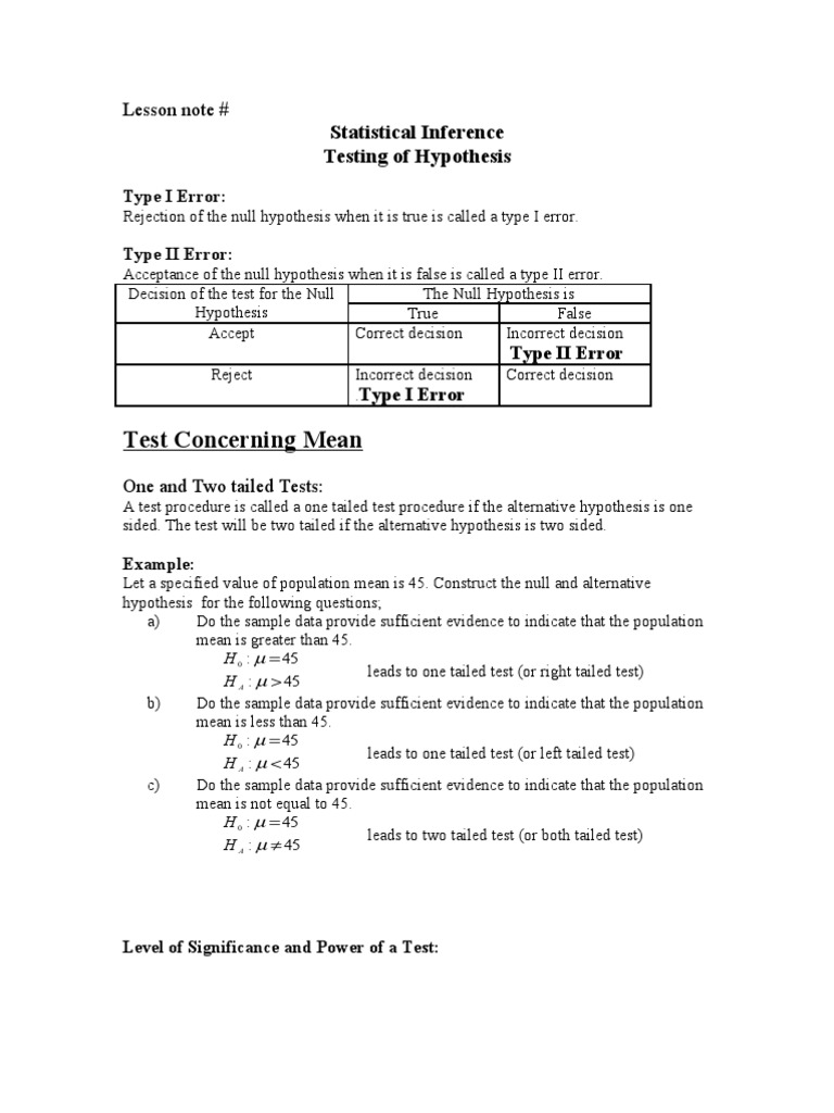 Hypothesis Notes Pdf Statistical Hypothesis Testing Type I And