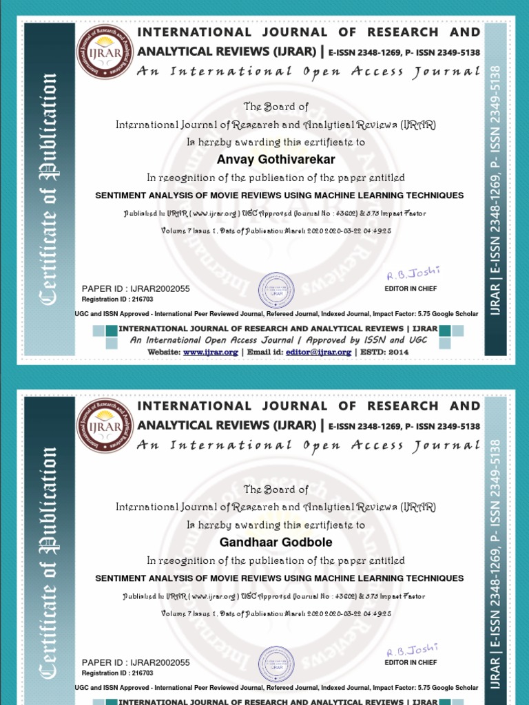 IJRAR Certificate IJRAR 216703 | PDF | Academic Journal | Academic ...