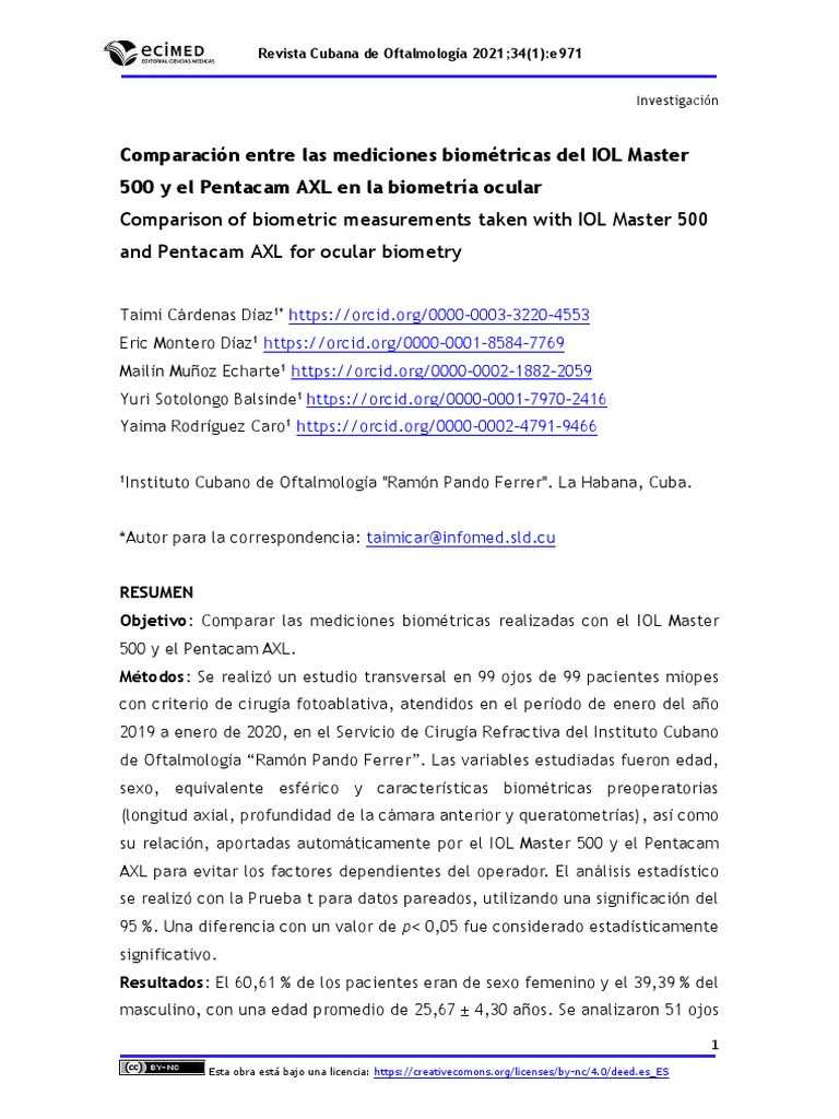 Comparación Entre Las Mediciones Biométricas Del IOL Master 500 y El ...