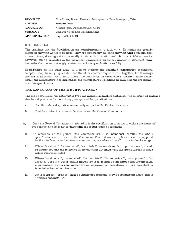 TECHNICAL-SPECIFICATIONS Sample For 1storey Building | PDF ...