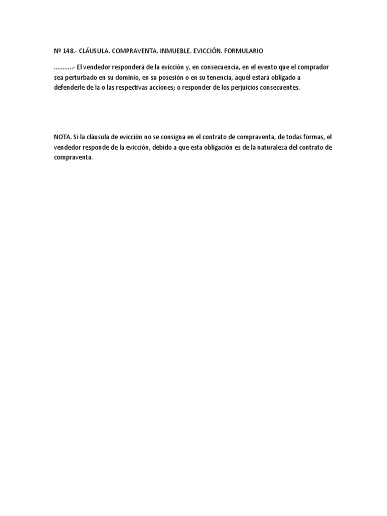 Nº 148. - Cláusula. Compraventa. Inmueble. Evicción. Formulario | PDF