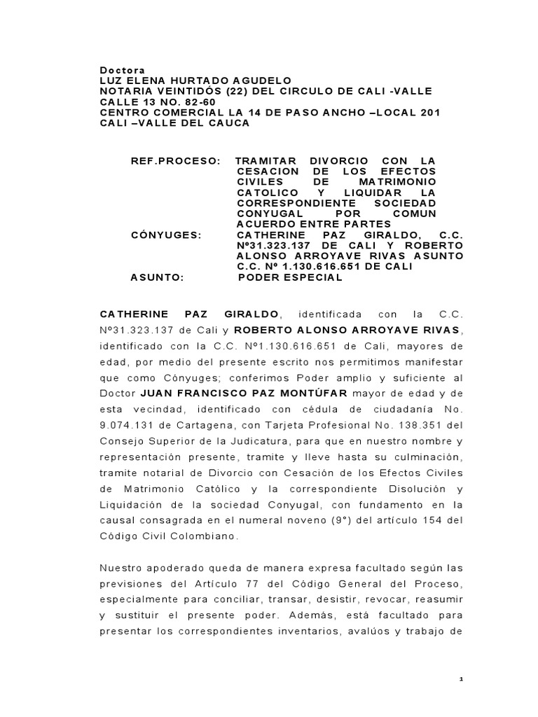 Poder Divorcio | PDF | Divorcio | Propiedad de la comunidad