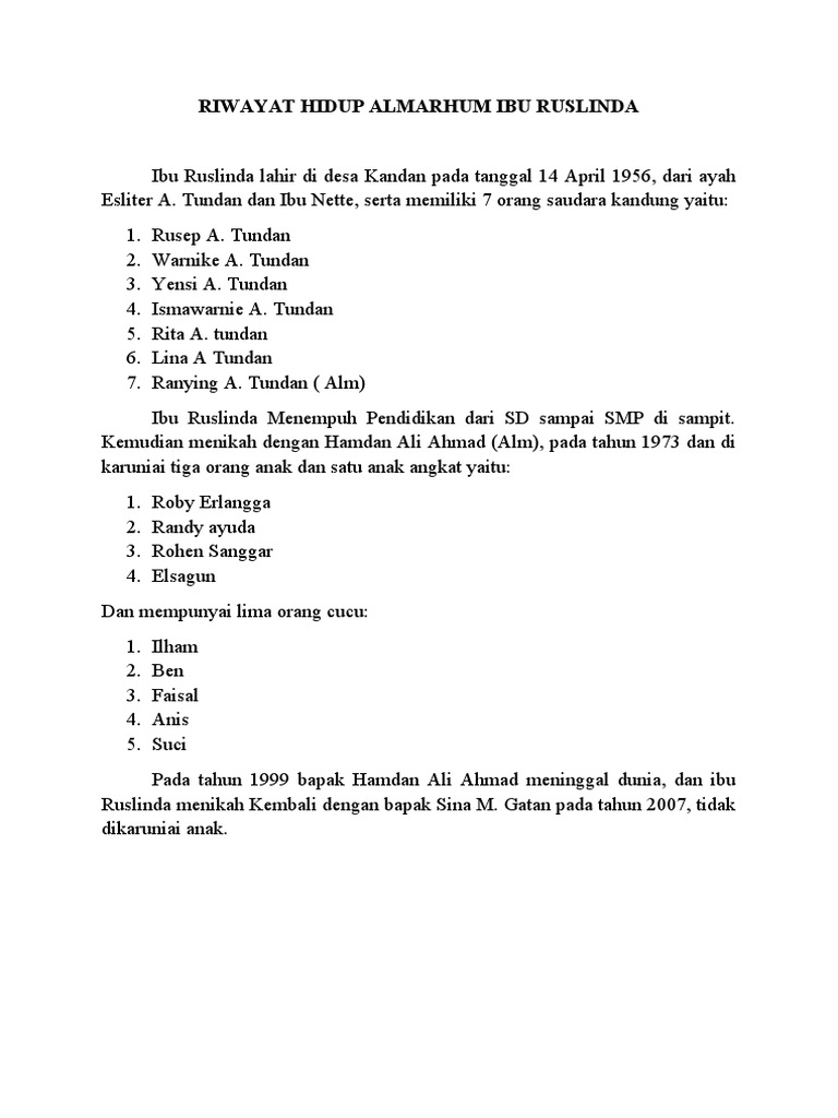 Riwayat Hidup Almarhum Ibu Ruslinda | PDF