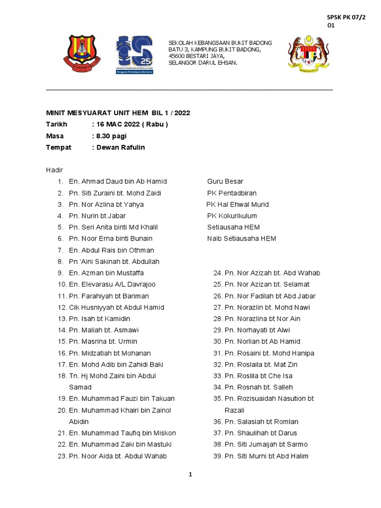 Minit Mesyuarat HEM Bil 1 2022 | PDF