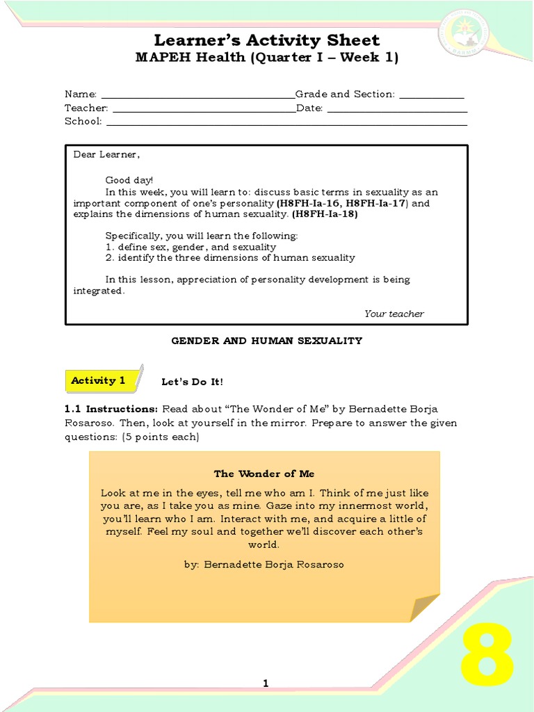 Learner's Activity Sheet: MAPEH Health (Quarter I - Week 1) | PDF | Gender | Gender Studies