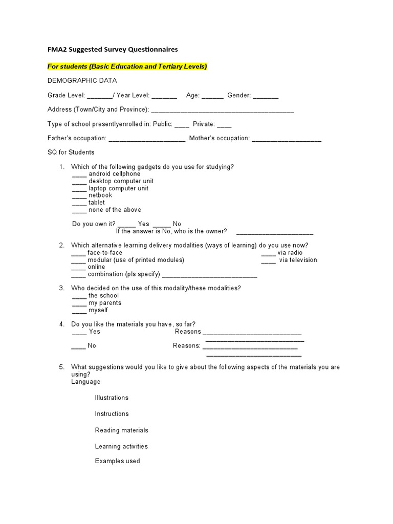 SURVEY QUESTIONS FMA 2022 - Katryn Anis | PDF | Learning | Laptop