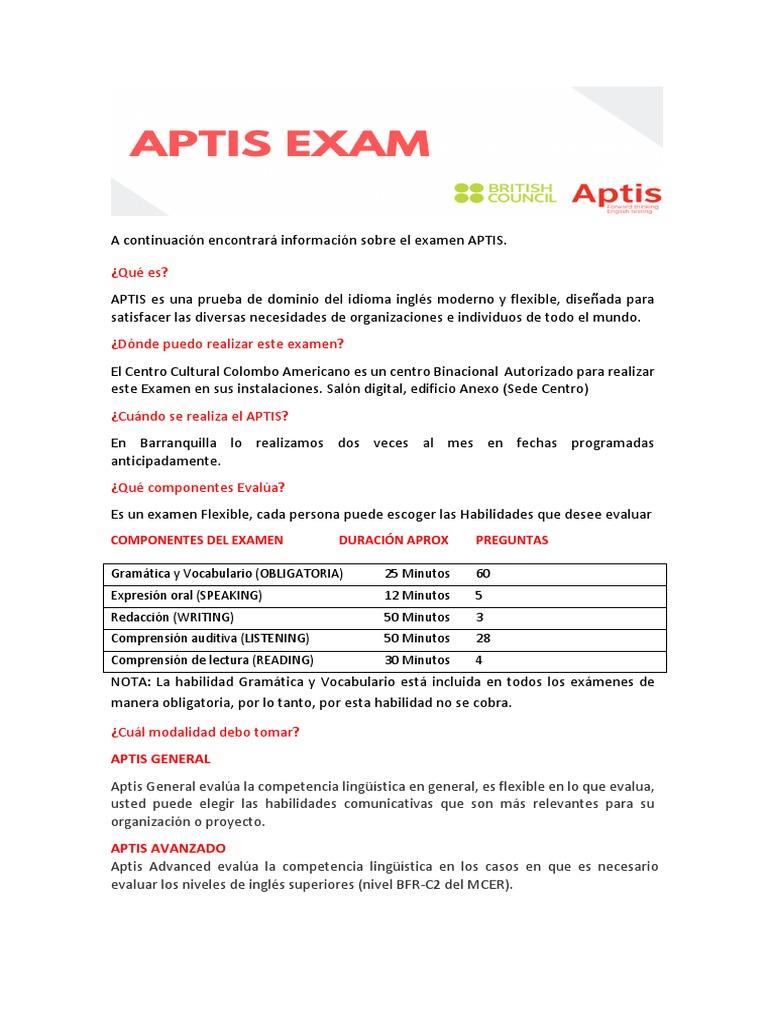 Información del Examen APTIS en Barranquilla | PDF | Prueba (evaluación)