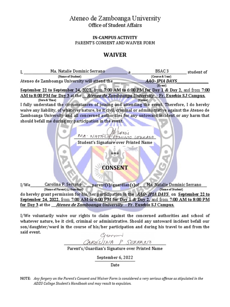 AAO JPIA Days Consent Waiver Form | PDF | Common Law | Justice