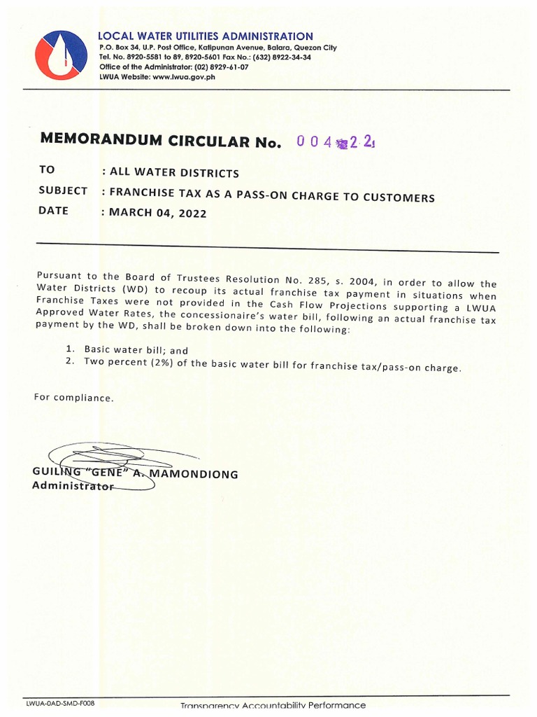MC No. 004.22 - Frabchise Tax As A Pass On Charge To Customers | PDF