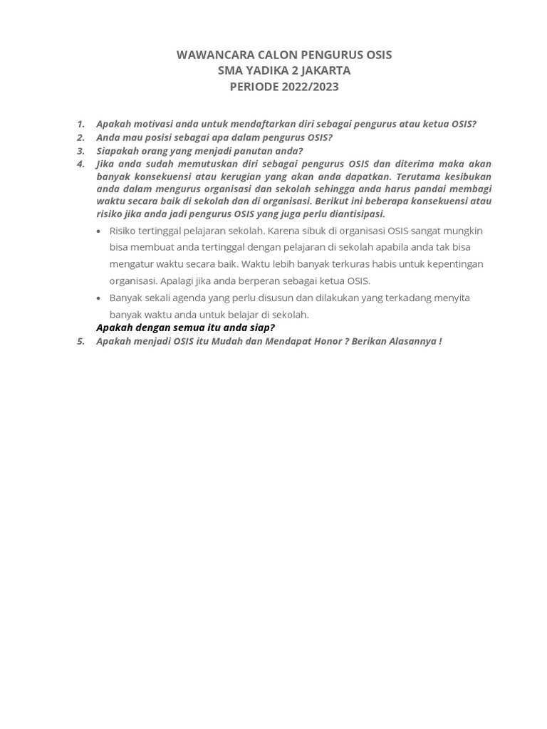 Pertanyaan Untuk Wawancara Calon Pengurus OSIS | PDF