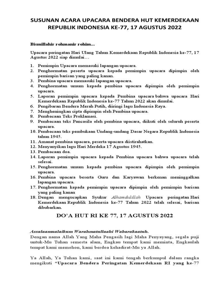 Susunan Acara Upacara Bendera HUT RI Ke 77 | PDF