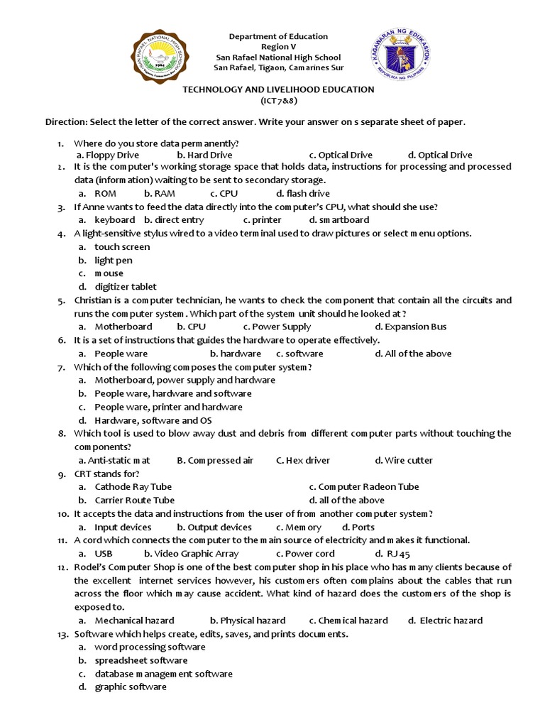 Grade 7 Ict Exam | PDF | Computer Hardware | Computer Data Storage