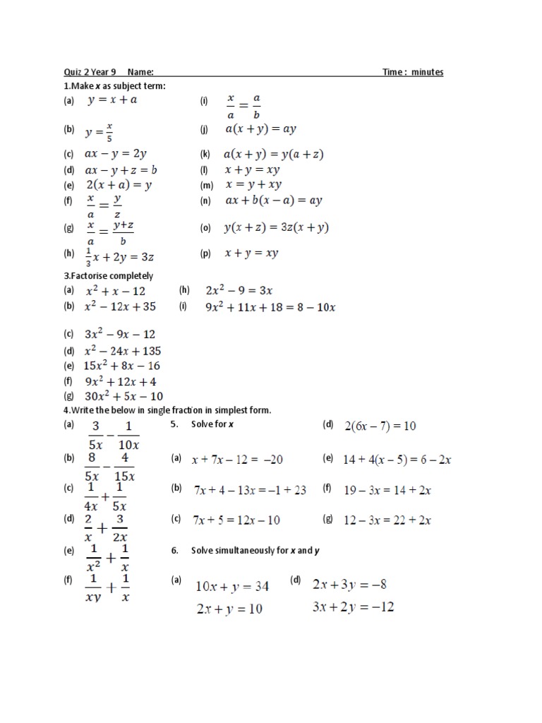 Quiz 2 Year 9name | PDF