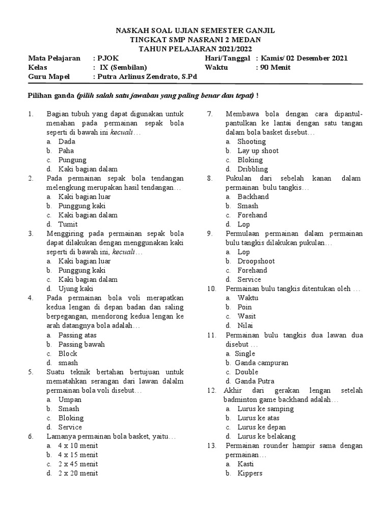 Naskah Soal Ujian Semester Ganjil Pjok Kelas Ix | PDF