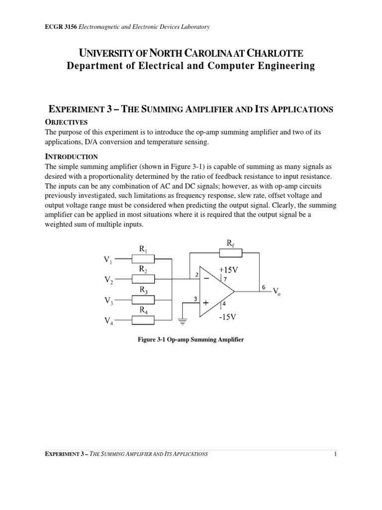 Ecgr3156 Experiment 3 Summing Amplifier and Apllications | PDF | Amplifier | Electronic Circuits