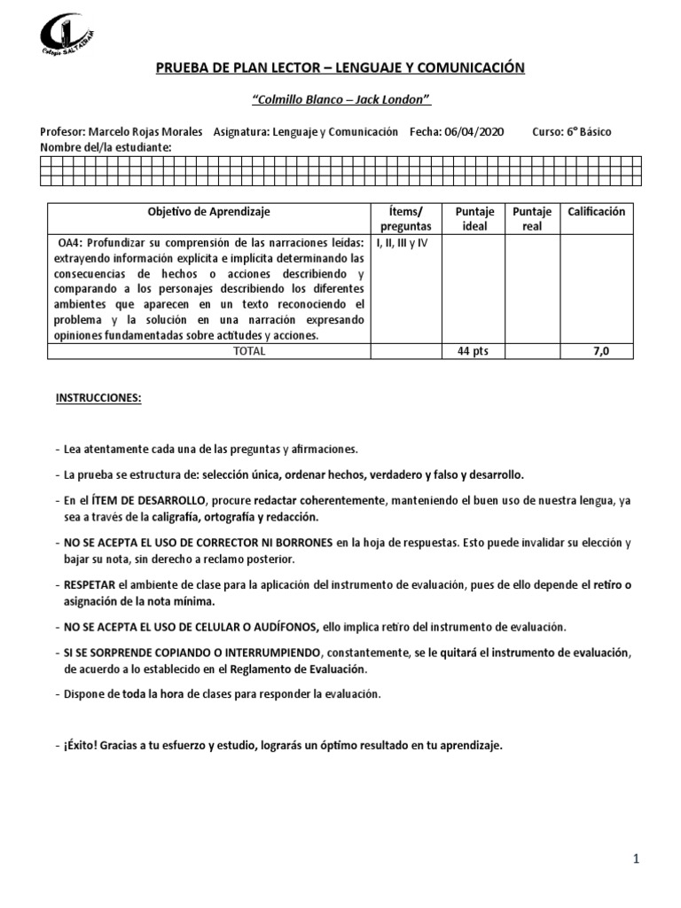 Prueba 6° PL Leng 06 04 | PDF | Colmillo Blanco