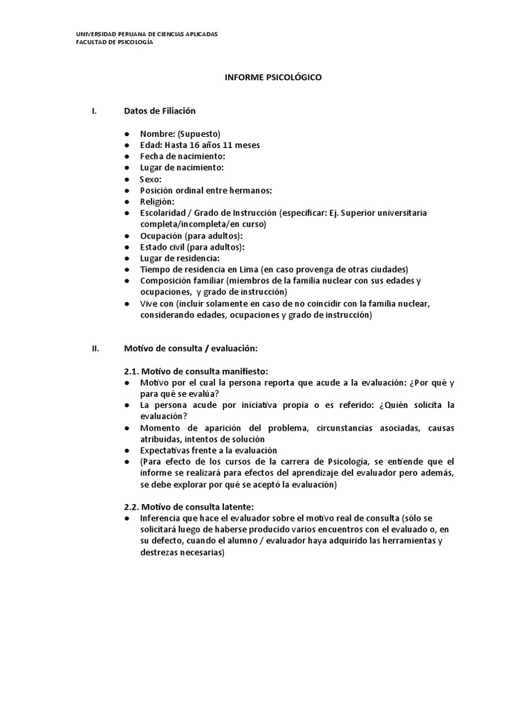 Modelo de Informe Psicológico | PDF | Trastorno mental | Sicología