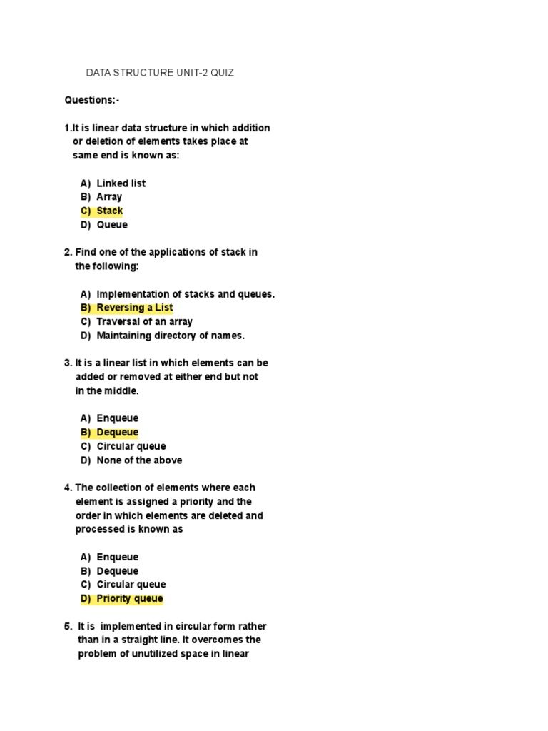 Data Structure Unit-2 Quiz | PDF | Queue (Abstract Data Type ... Data Structure Unit-2 Quiz | PDF | Queue (Abstract Data Type ...