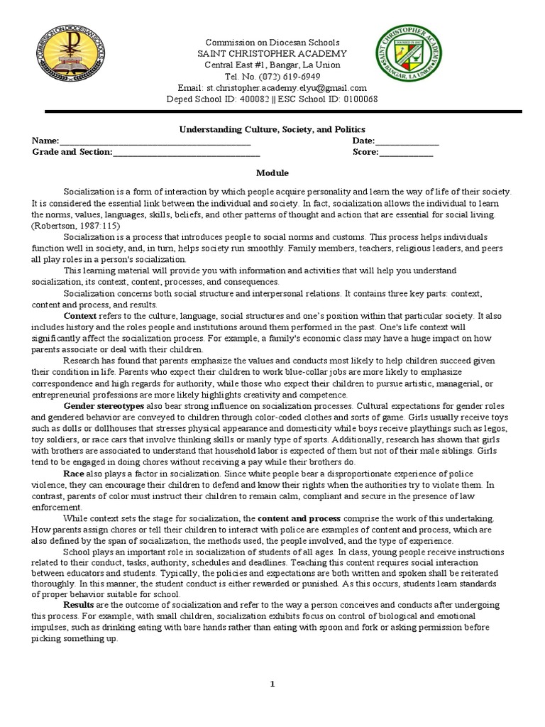 UCSP Module 6 | PDF | Socialization | Toys
