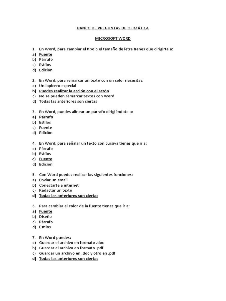 Banco de Preguntas de Ofimática.. | Descargar gratis PDF | Microsoft PowerPoint | Microsoft Excel