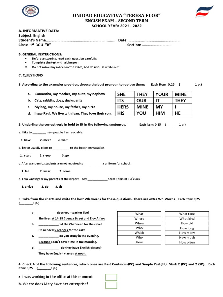 English Second Term Exam 2021-2022 | PDF