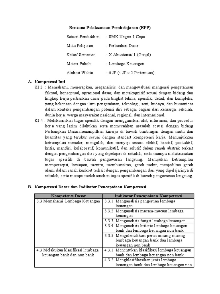 RPP KD 3.3 & 4.3 - Pertemuan 3 & 4 - PERBANKAN DASAR 10 - KELOMPOK 20 ...