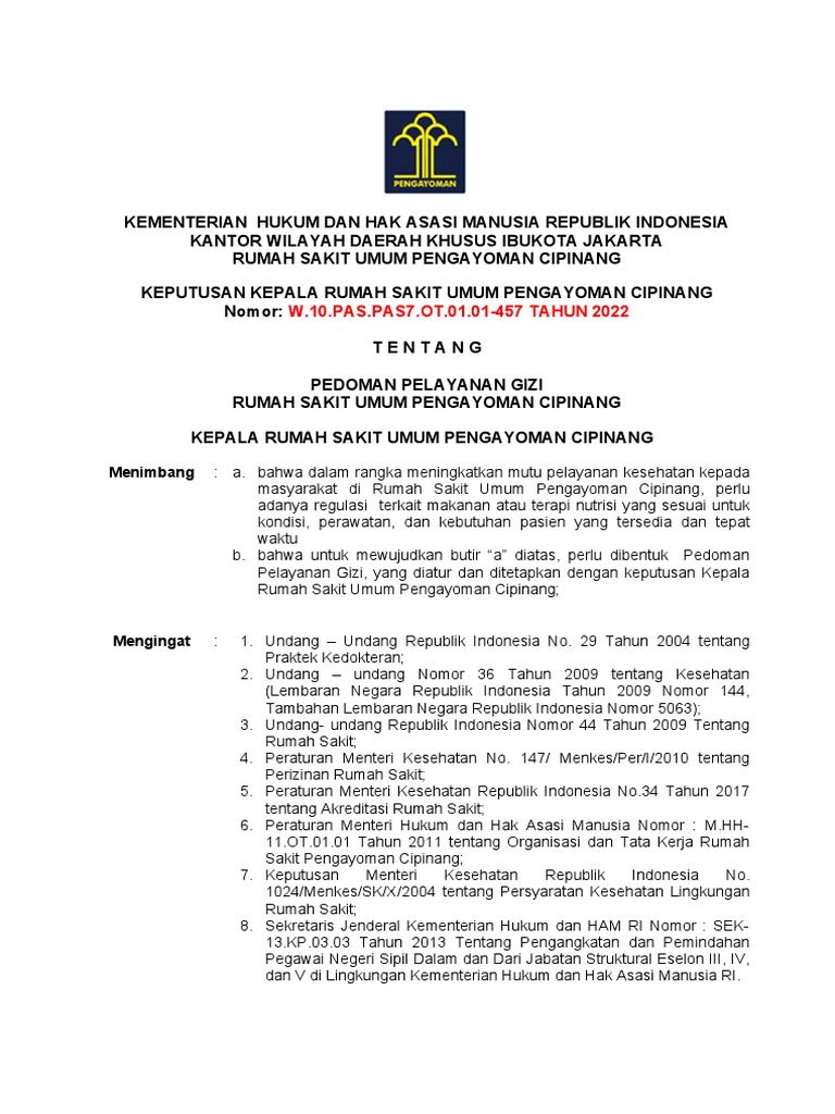 SK Pedoman Pelayanan Gizi 2022 | PDF