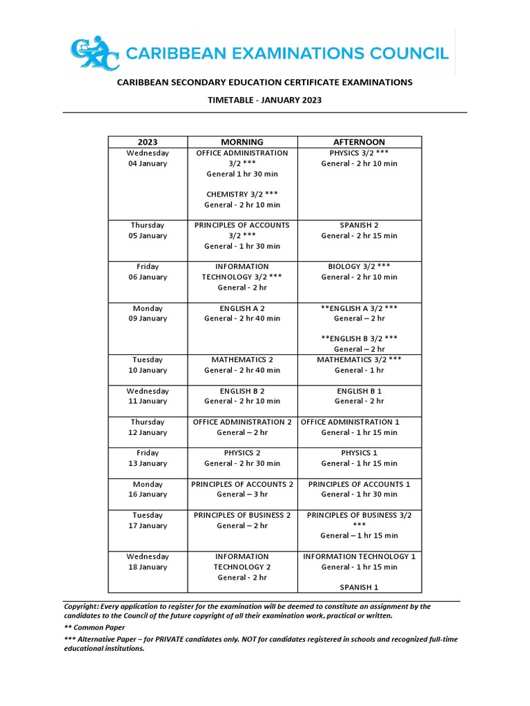 Timetable-CSEC Jan2023 FINAL 11august2022 | PDF | Test (Assessment ...