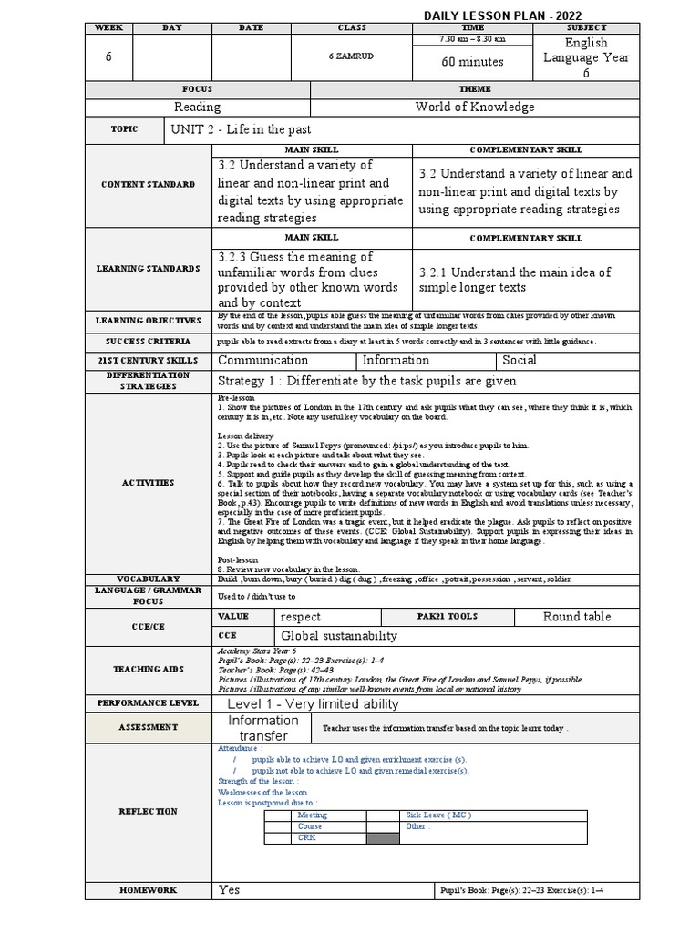 Week 5 - Unit 2 - Life in The Past | PDF | Lesson Plan | Vocabulary
