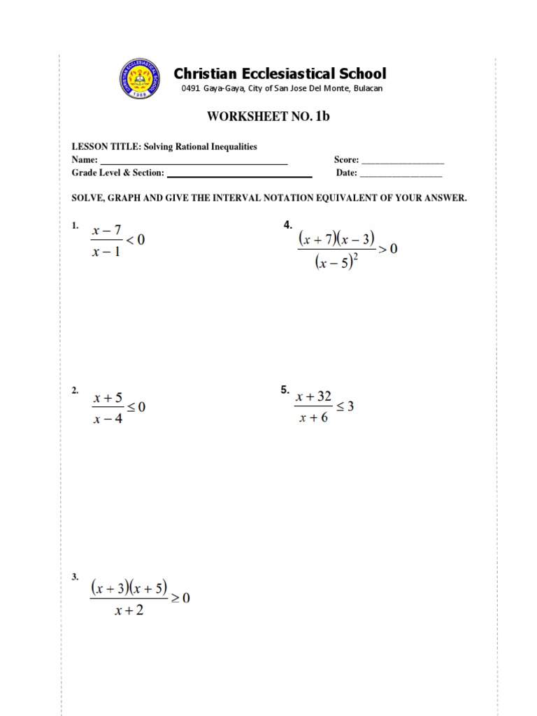 WORKSHEET 1B Solving RAtional Inequalities | PDF