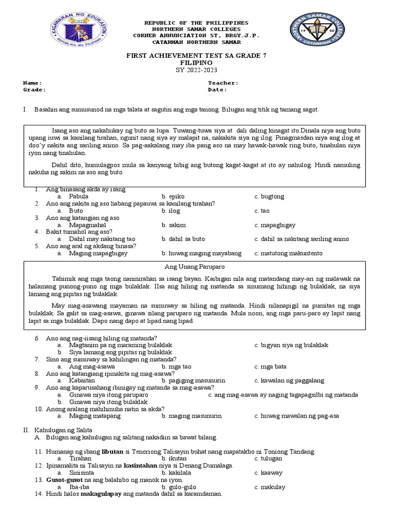 1ST Achievement Exam Sa Filipino 7 | PDF