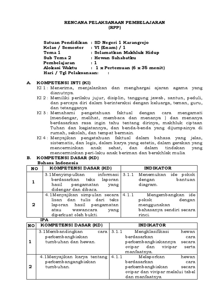RPP Tema 1 Subtema 2 Kelas 6 | PDF
