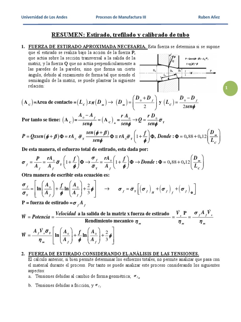 Fuerzas en Estirado de Tubos: Análisis y Cálculos | PDF | Estrés ...