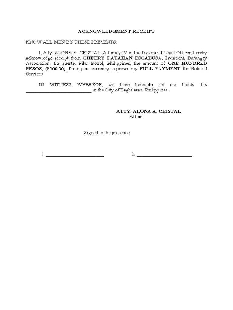 Acknowledgement Receipt 2 | PDF | Civil Law (Common Law) | Foreign ...