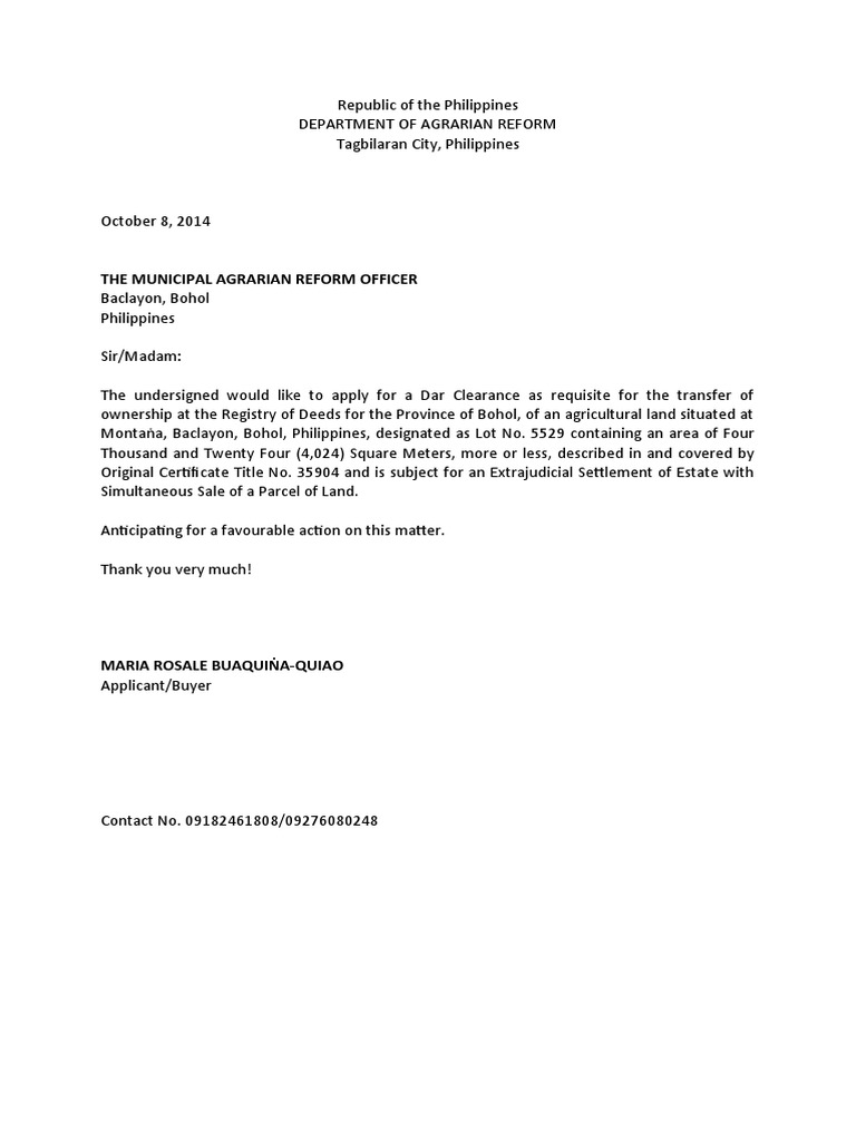 Letter Request For Dar Clearance | PDF | Property | Justice